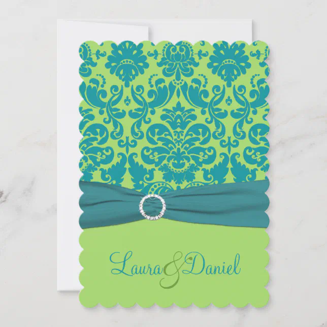 Green and Turquoise Damask Wedding Invitation | Zazzle