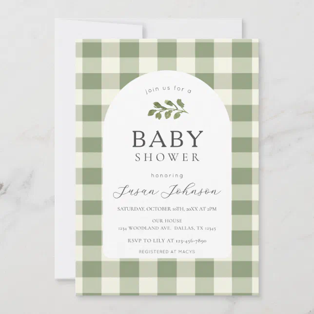 Green and White Buffalo Check Plaid Baby Shower Invitation | Zazzle