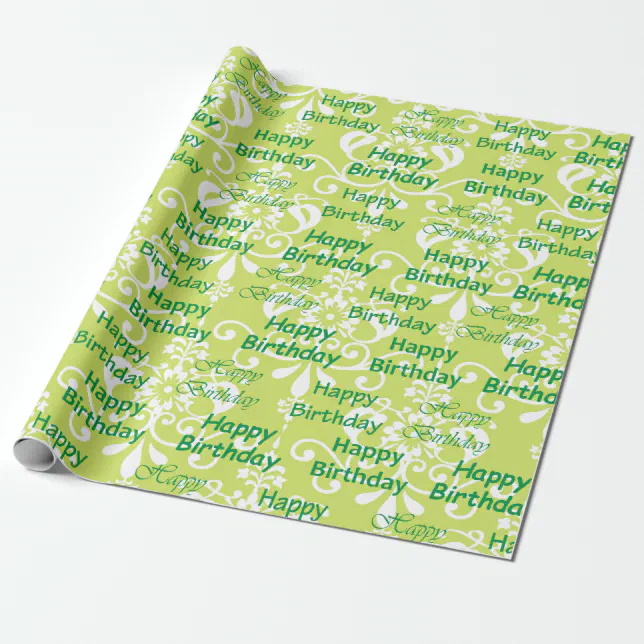 Green and White Damask Happy Birthday Wrapping Paper | Zazzle