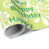 Green and White Damask Happy Birthday Wrapping Paper | Zazzle