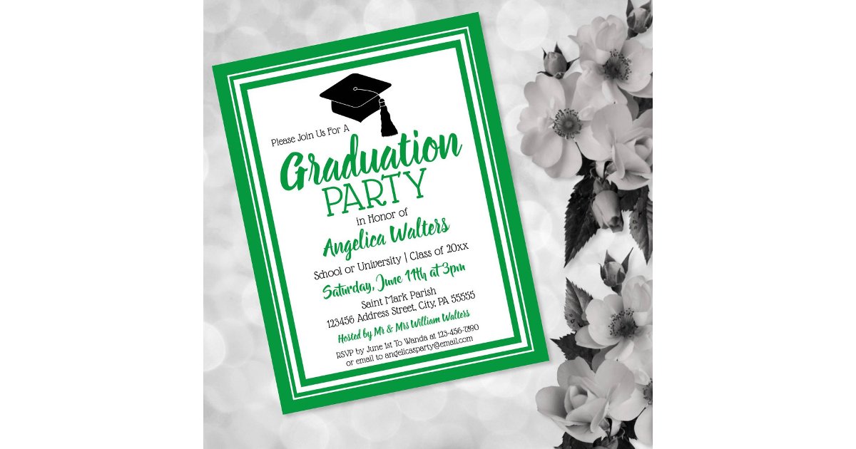 Green and White School Colors Grad Party Invitation Postcard | Zazzle
