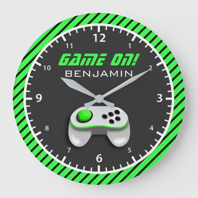 Green and White Video Game Controller Kids Room Large Clock | Zazzle