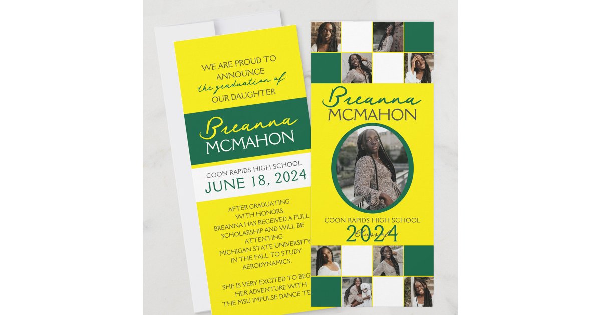 Green and Yellow 9 Photo Graduation Announcement | Zazzle