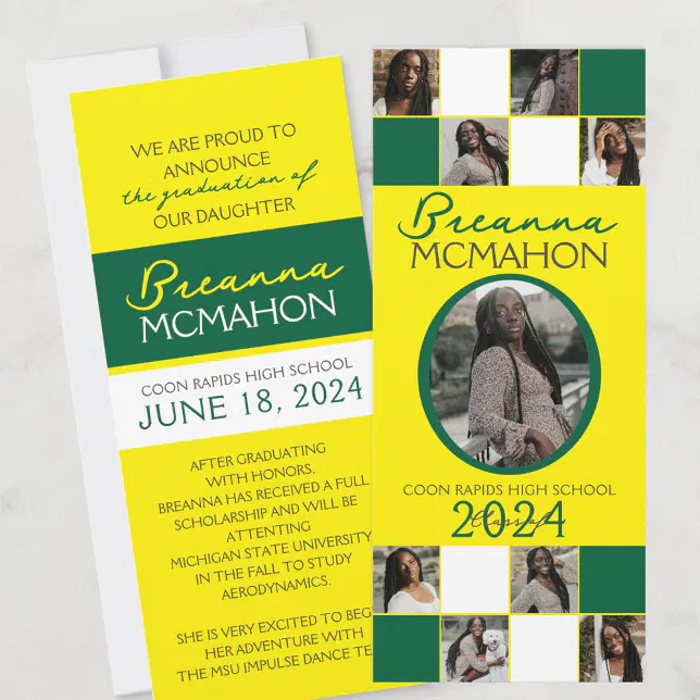 Green and Yellow 9 Photo Graduation Announcement | Zazzle