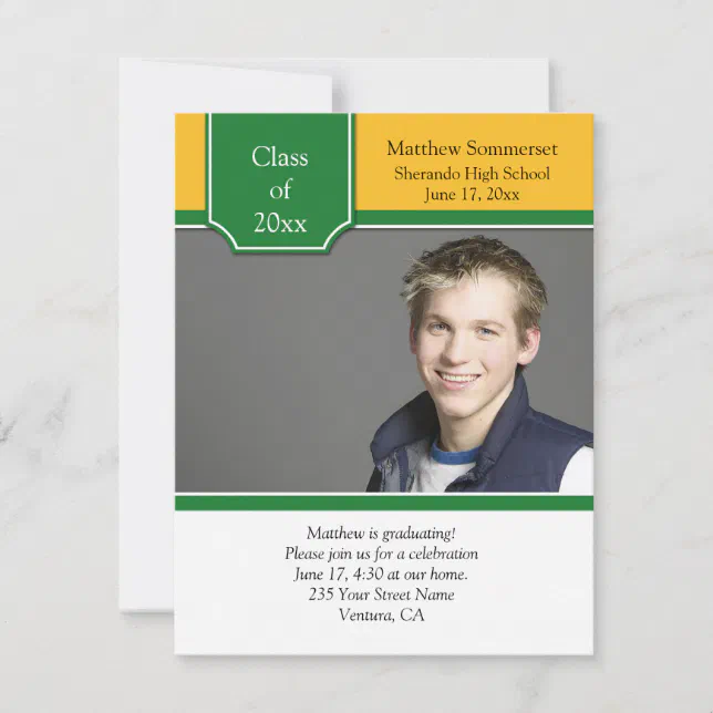 Green and Yellow Gold Photo Graduation Invitation | Zazzle