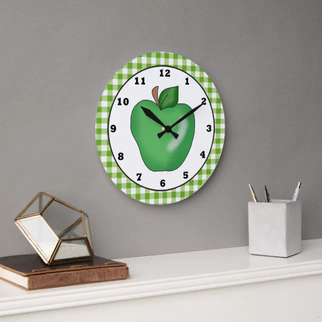 Green apple cartoon fruit wall clock | Zazzle