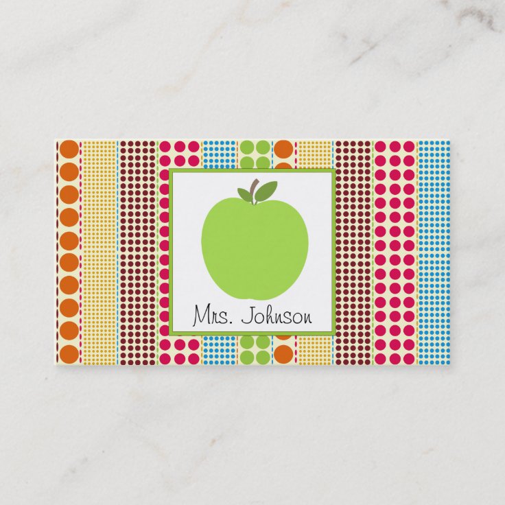 Green Apple Multicolor Polka Dots Teacher Business Card | Zazzle