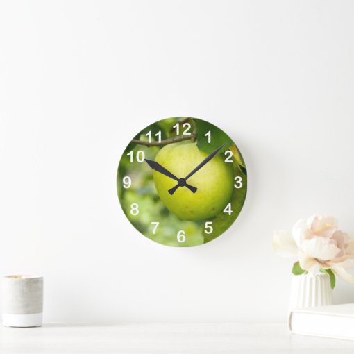 Green Apple on a Tree Branch Round Clock | Zazzle