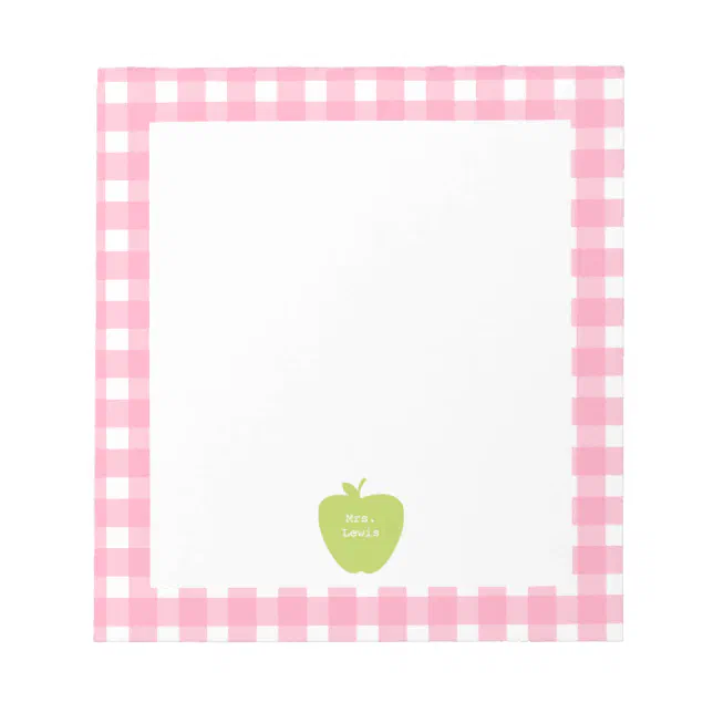 Green Apple Pink Gingham Teacher Notepad | Zazzle