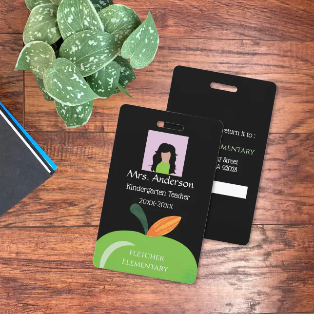 Green Apple School Staff Black Photo ID Badge | Zazzle
