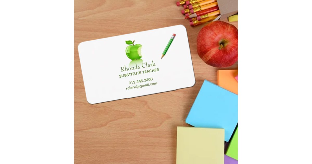 green apple substitute teacher business card | Zazzle