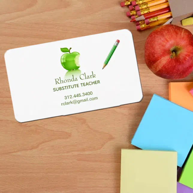 green apple substitute teacher business card | Zazzle