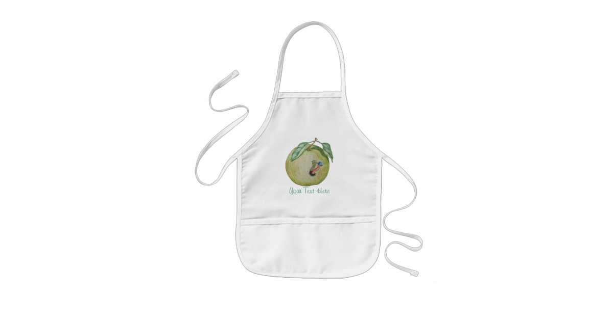 Green apple with funny maggot in hat illustration kids' apron | Zazzle