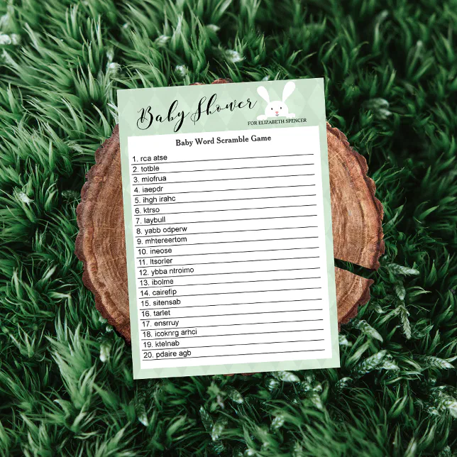 Green Baby Shower Bunny Word Scramble Game | Zazzle
