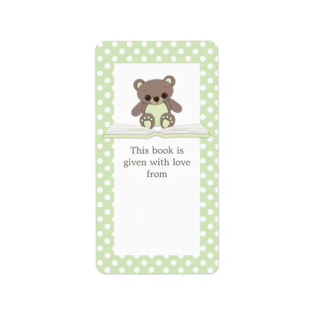 Green Baby Teddy Bear on Book Gift Bookplate Label | Zazzle