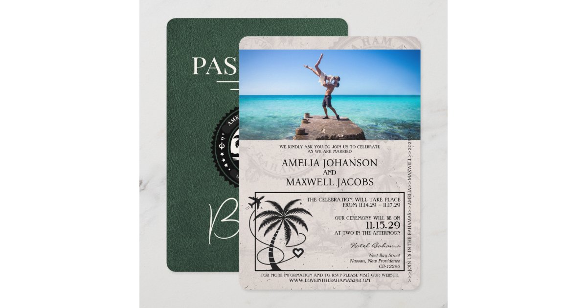 Green Bahamas Passport Wedding Invitation | Zazzle