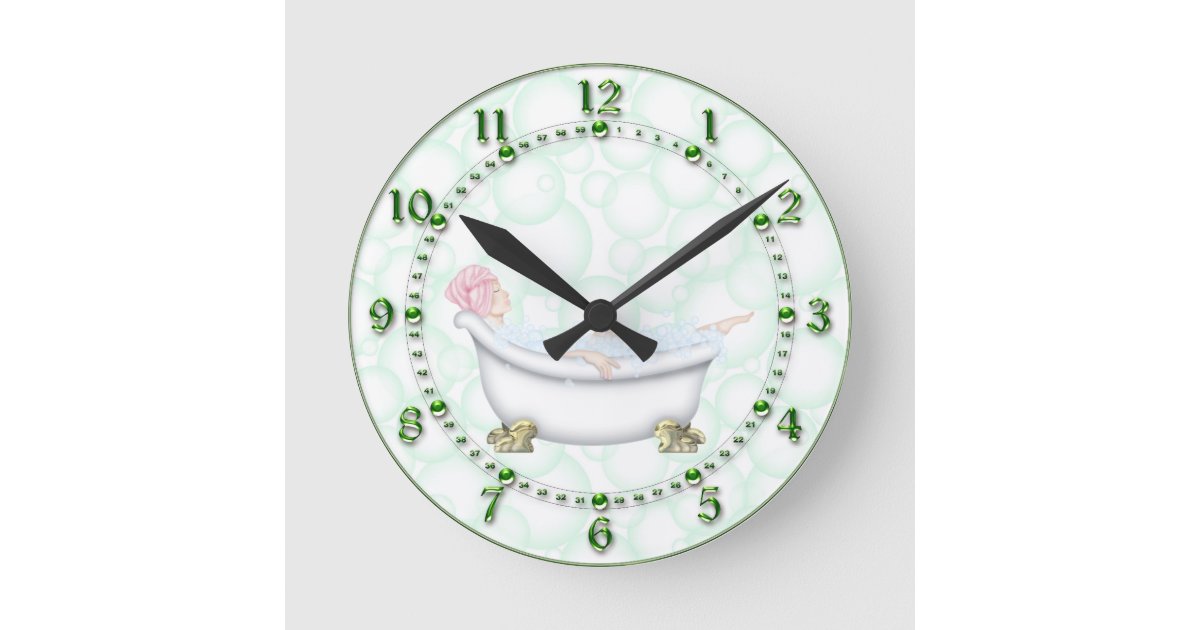 Green Bathroom Bubbles Round Clock | Zazzle
