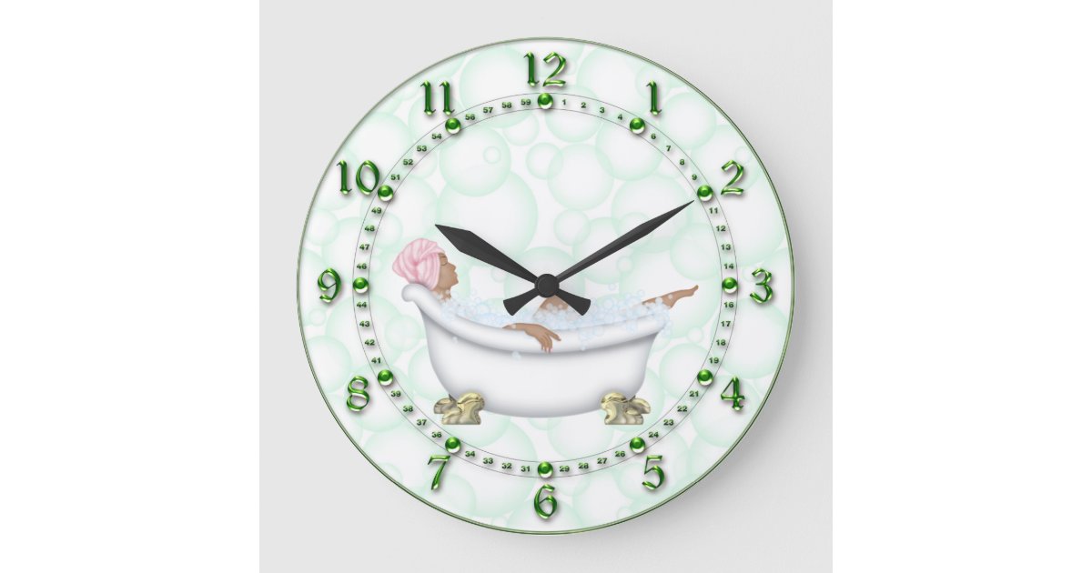 Green Bathroom Shiny Numbers Bubbles Large Clock | Zazzle