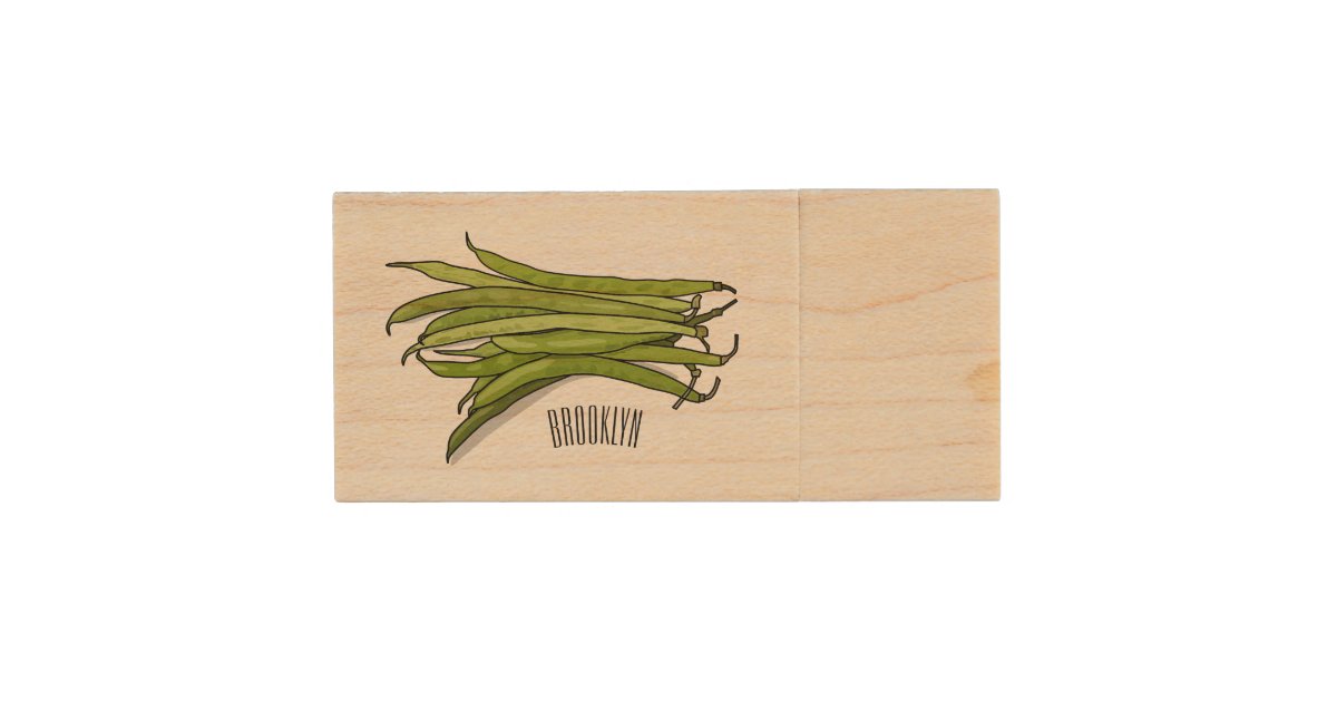 Green beans cartoon illustration wood flash drive | Zazzle