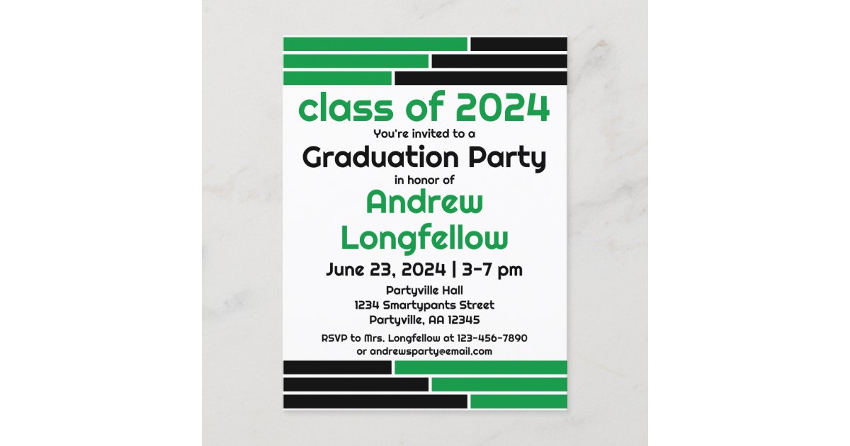 Green & Black Bars Graduation Party Invitation Postcard | Zazzle