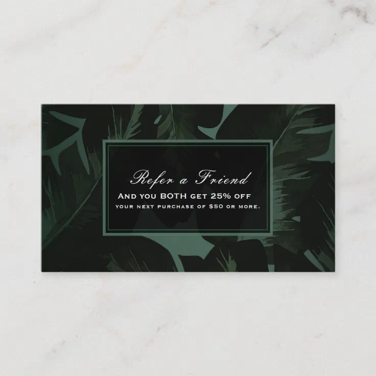 Green & Black Chic Tropical Leaves Refer a Friend Referral Card | Zazzle