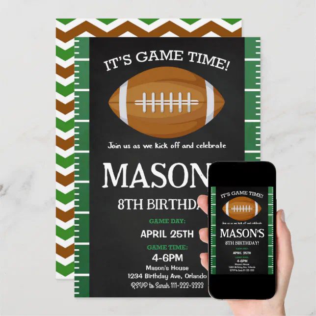 Green Black Football Birthday Party Invitation | Zazzle