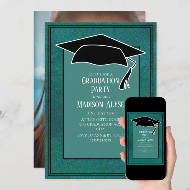 Green Black Graduation Cap Party Photo Invitation | Zazzle