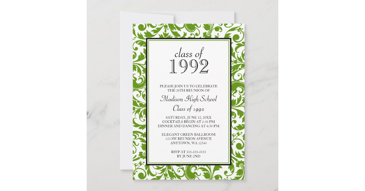 Green Black Swirl Damask Class Reunion Invitations | Zazzle