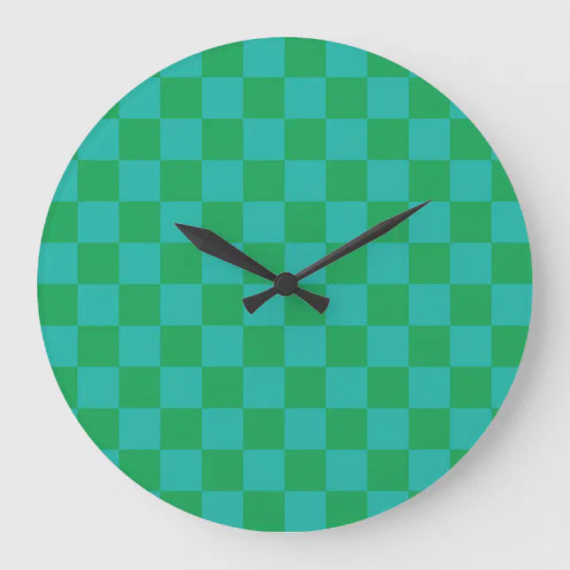 Green Blue Checkered Gingham Pattern Large Clock | Zazzle