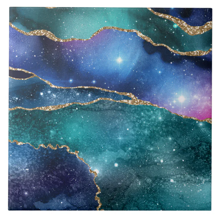 Green blue geode galaxy faux golden modern ceramic tile | Zazzle