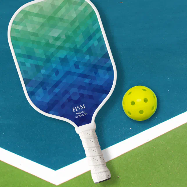 Green Blue Geometric Gradient Custom Monogram Text Pickleball Paddle ...