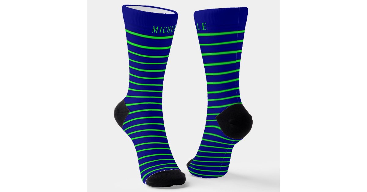 Green Blue Horizontal Lines Striped Custom Name Socks | Zazzle