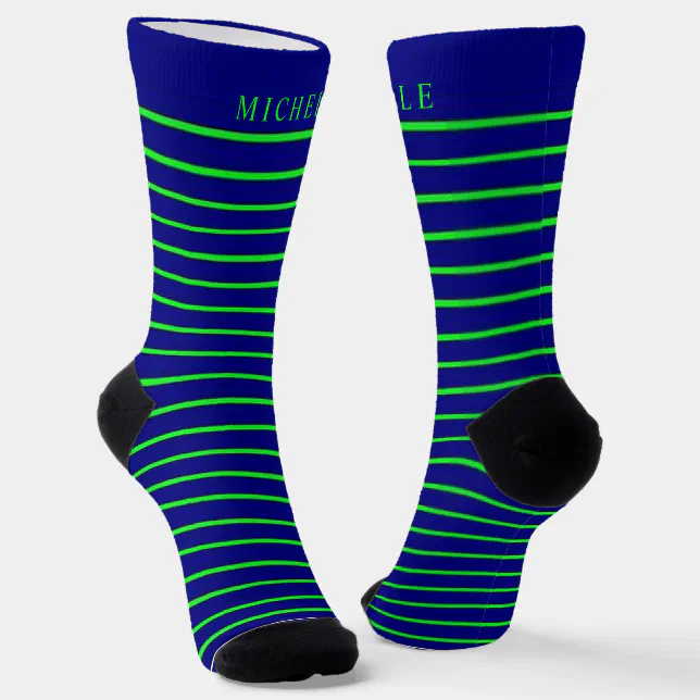 Green Blue Horizontal Lines Striped Custom Name Socks | Zazzle