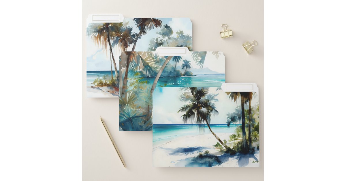 GREEN BLUE WHITE WATERCOLOR TROPICAL BEACH SCENE FILE FOLDER | Zazzle