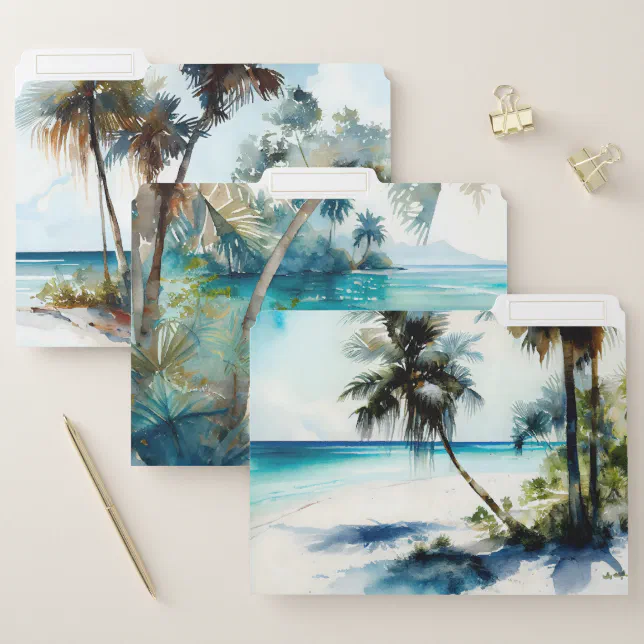 GREEN BLUE WHITE WATERCOLOR TROPICAL BEACH SCENE FILE FOLDER | Zazzle