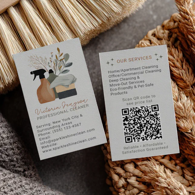 Green Boho Cleaning Service Maid QR Code Business Card | Zazzle