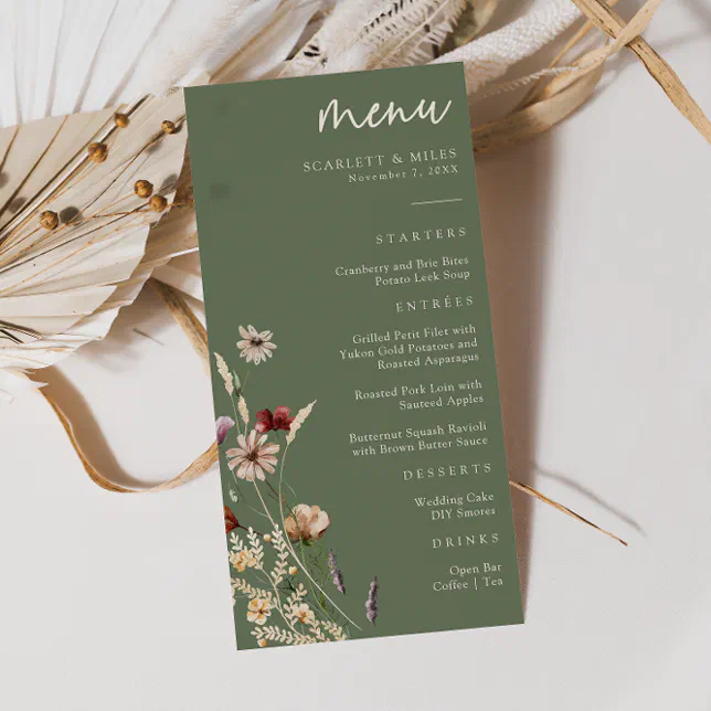 Green Boho Wedding Menu | Zazzle