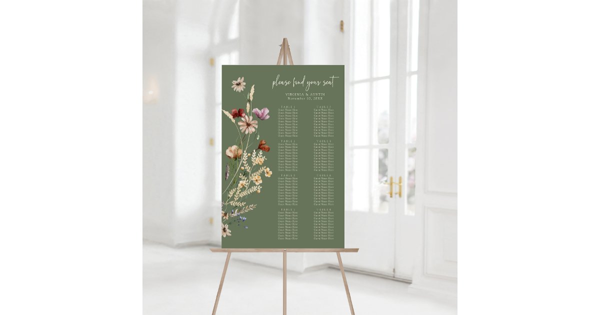 Green Boho Wildflower Seating Chart Foam Board | Zazzle