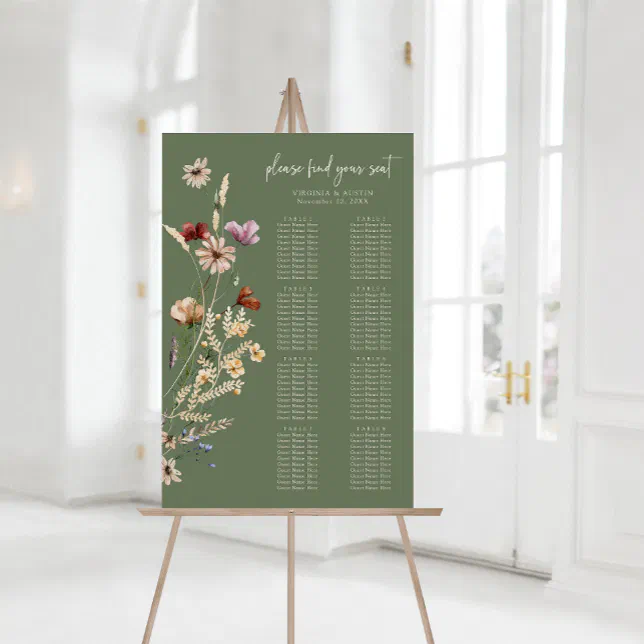 Green Boho Wildflower Seating Chart Foam Board | Zazzle