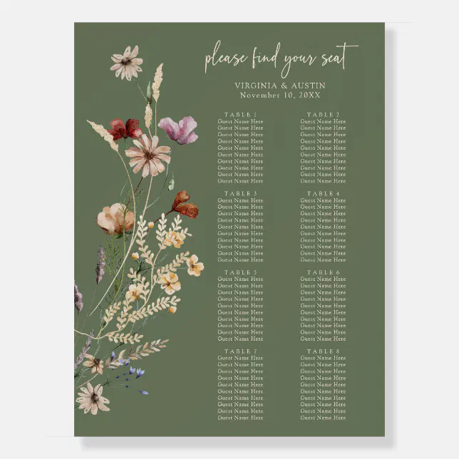 Green Boho Wildflower Seating Chart Foam Board | Zazzle