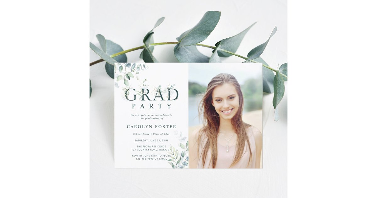 Green Botanical Letter Graduation Party Photo Invitation | Zazzle