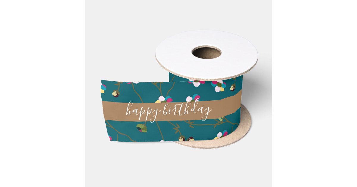 Green Brown Floral Custom Design Happy Birthday Satin Ribbon | Zazzle