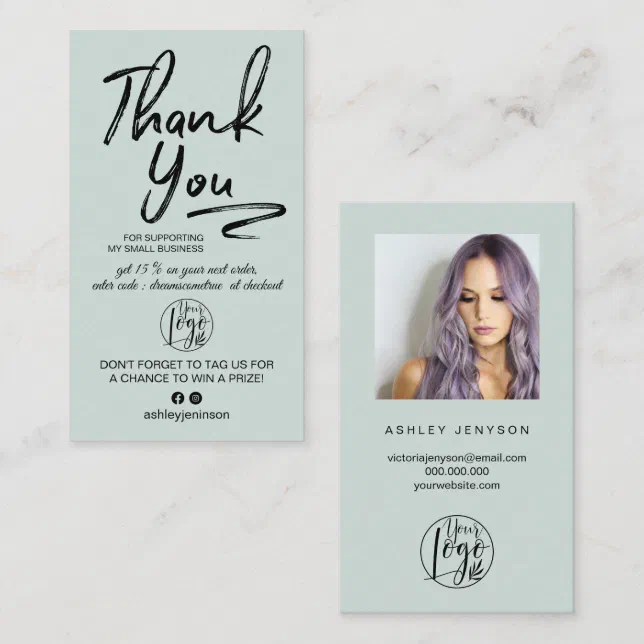 Green brushed script photo logo order thank you business card | Zazzle
