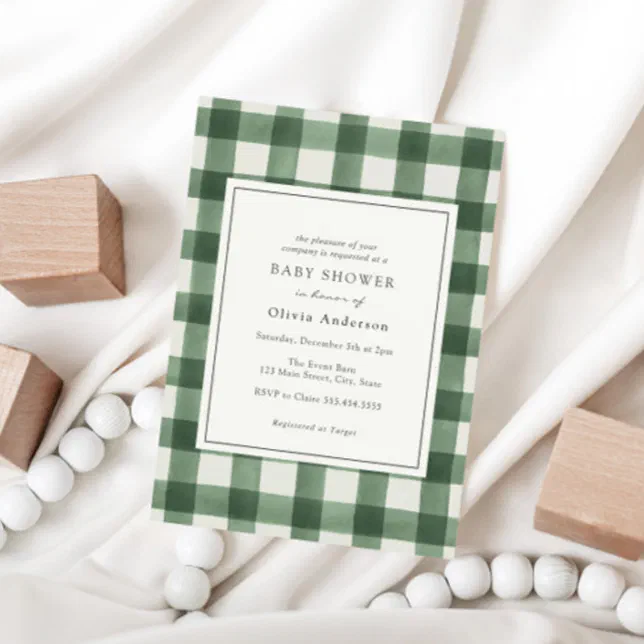 Green Buffalo Plaid Baby Shower Invitation | Zazzle