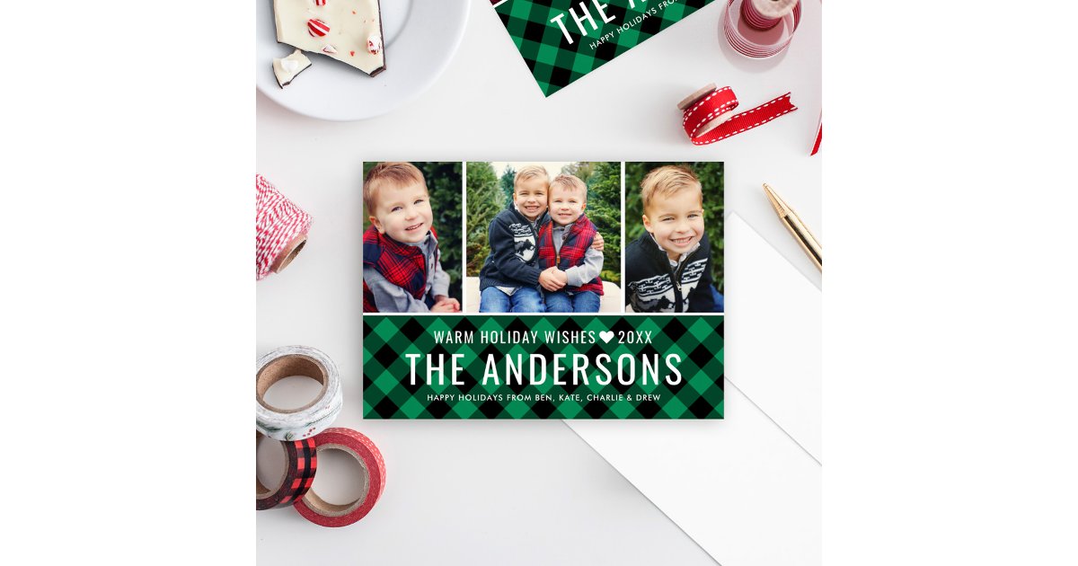 Green Buffalo Plaid Family Name Photo Collage Holiday Card | Zazzle