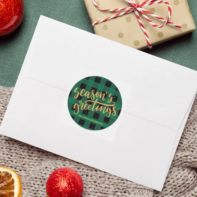 Green Buffalo Plaid Gold Script SEASONS GREETINGS Classic Round Sticker ...