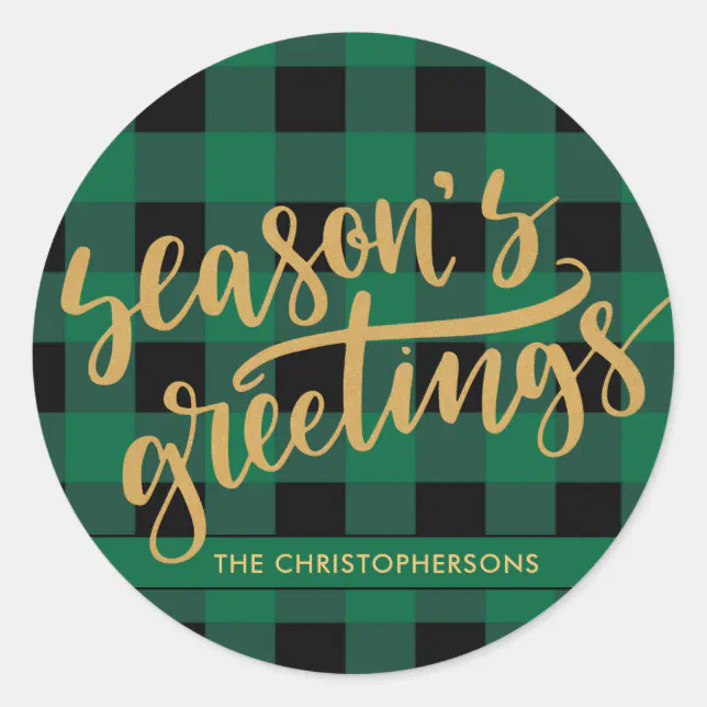 Green Buffalo Plaid Gold Script SEASONS GREETINGS Classic Round Sticker ...