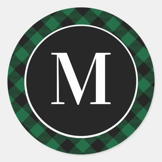Green Buffalo Plaid Initial Monogram Classic Round Sticker | Zazzle