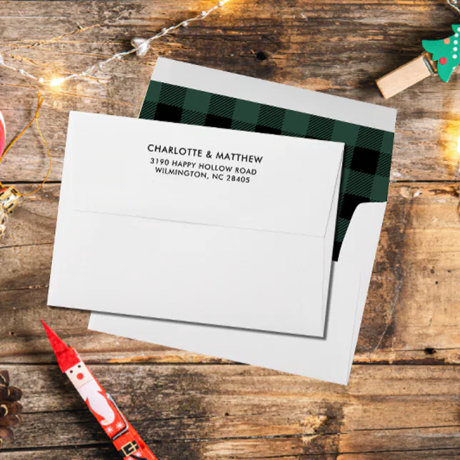 Green Buffalo Plaid return address family name Envelope | Zazzle
