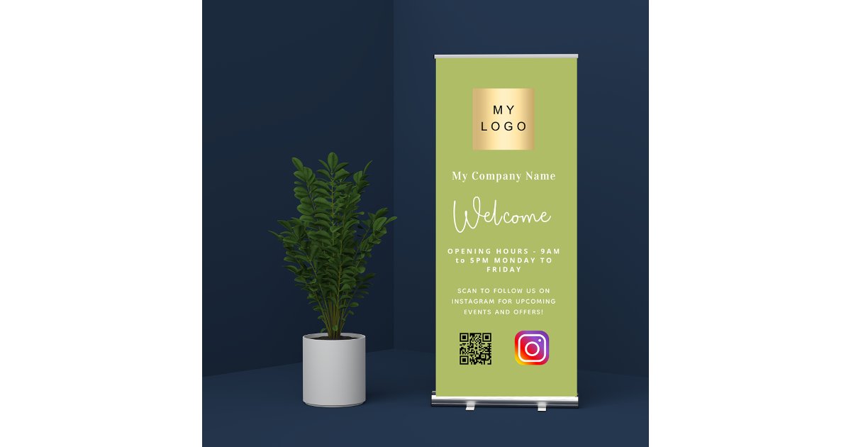 Green business logo opening hours QR Instagram Retractable Banner | Zazzle